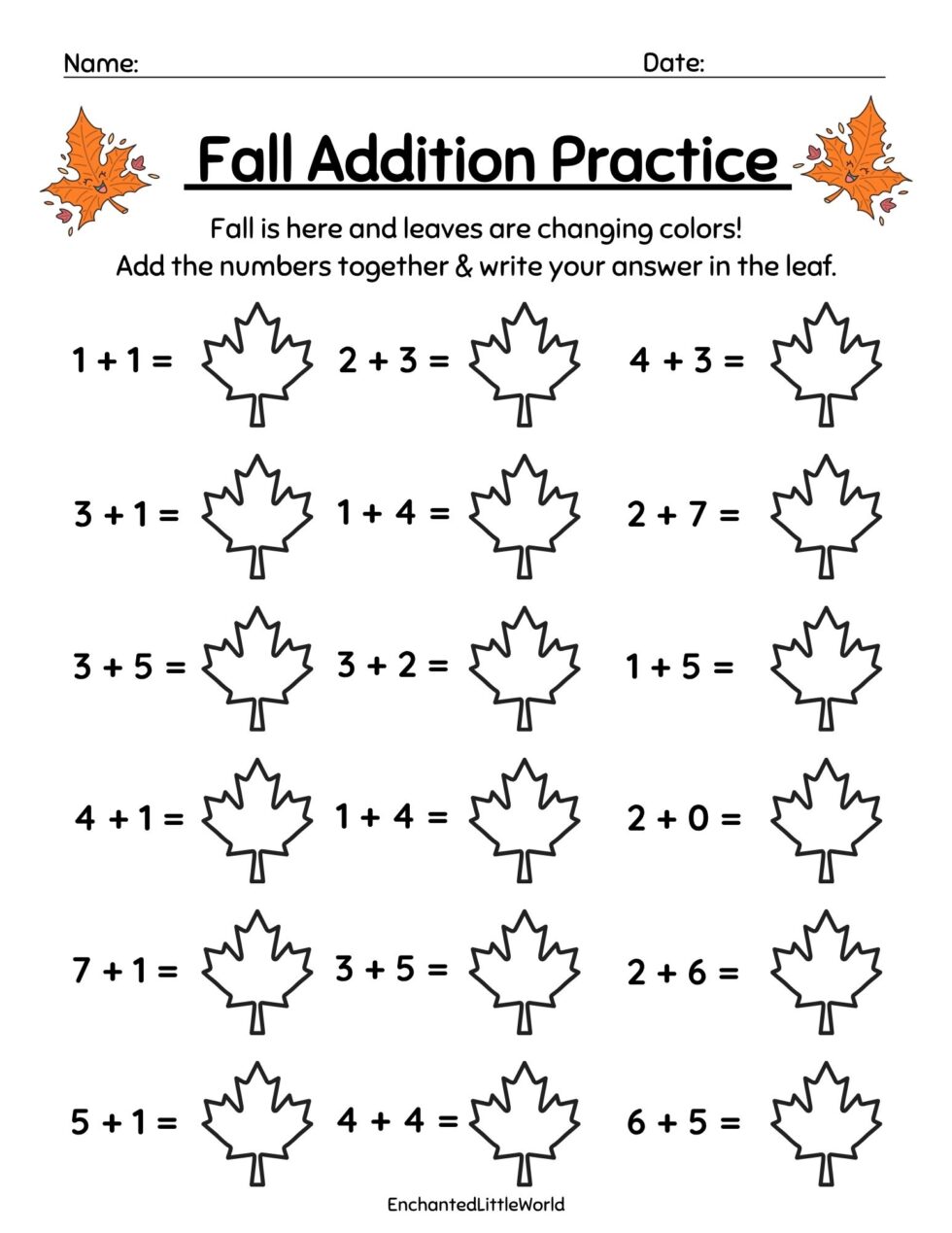 Free Printable Fall Addition Math Worksheet • Enchanted Little World
