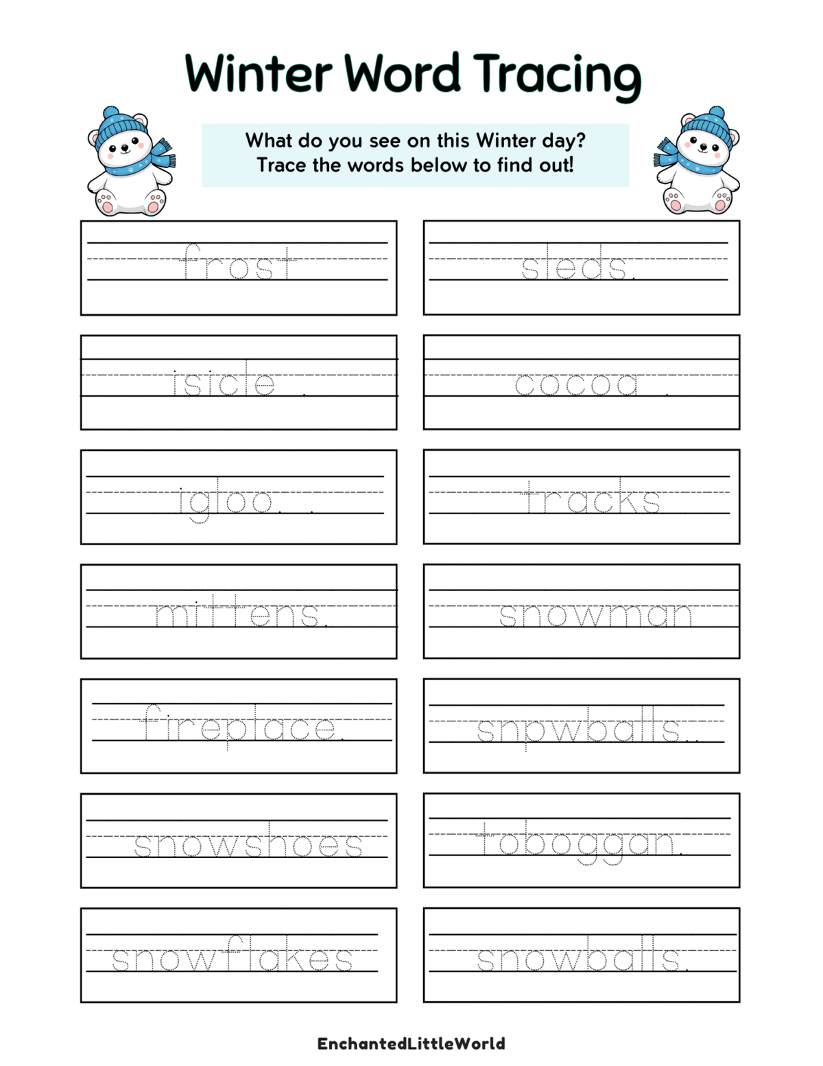 Free Printable Winter Words Tracing • Enchanted Little World